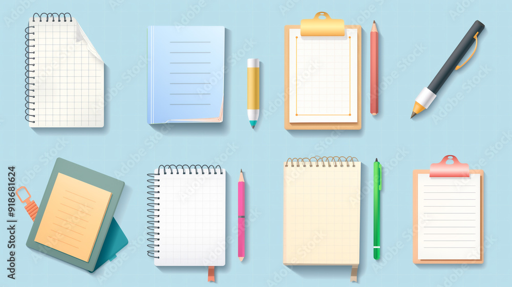 Essential Stationery Suite: A flat lay of various notebooks, notepads ...