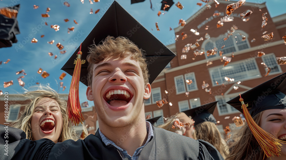 students throwing graduation hats in the air celebrating, education ...