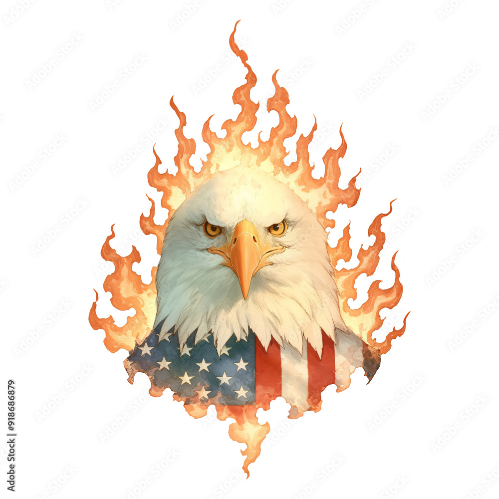 Bald eagle with burning American flag isolated on transparent ...