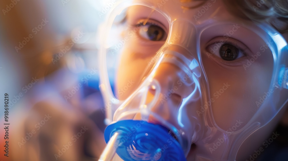 Child wearing oxygen mask receives respiratory therapy in hospital ...