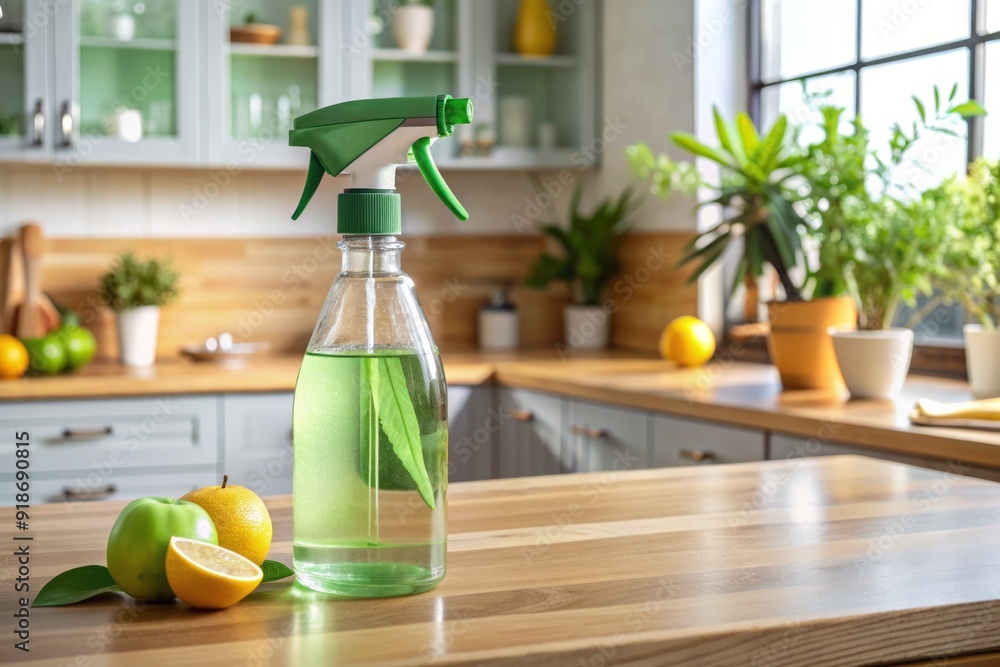 Sparkling bottle of eco-friendly all-purpose cleaner with a green label ...