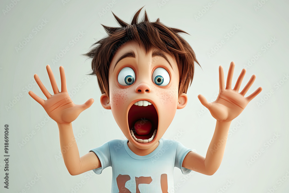 Terrified, shocked, and scared cartoon character of a boy with raised ...