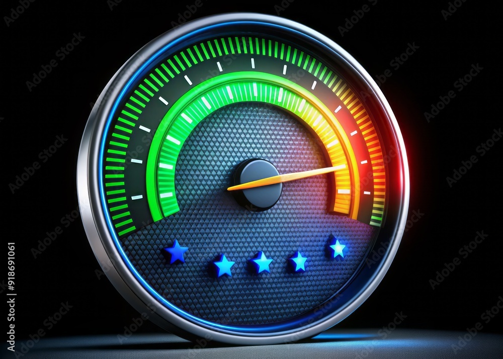 Digital score meter displaying excellent rating with needle pointing to ...