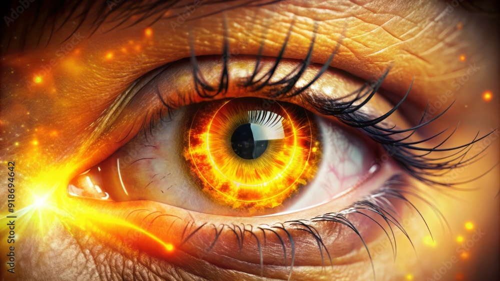 Vibrant yellow and orange hues emanate from a futuristic eye ...