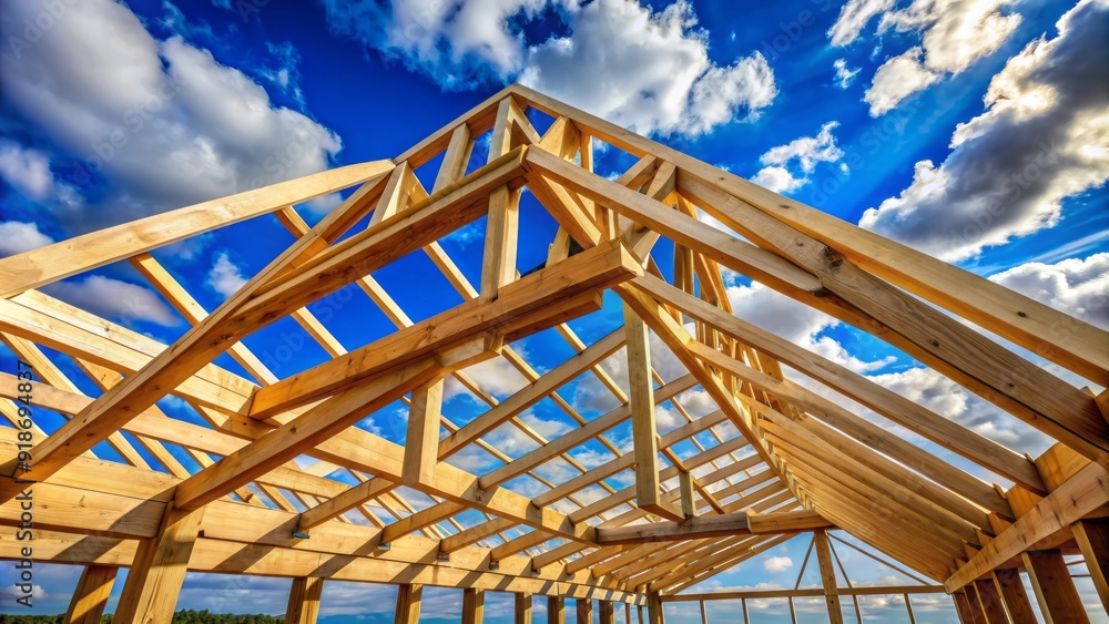 Wooden roof truss structure with exposed beams and rafters, against a ...
