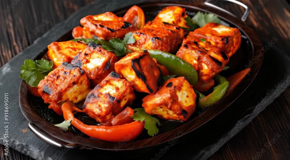 Traditional Indian food Paneer Tikka. Grilled marinated paneer chunks ...