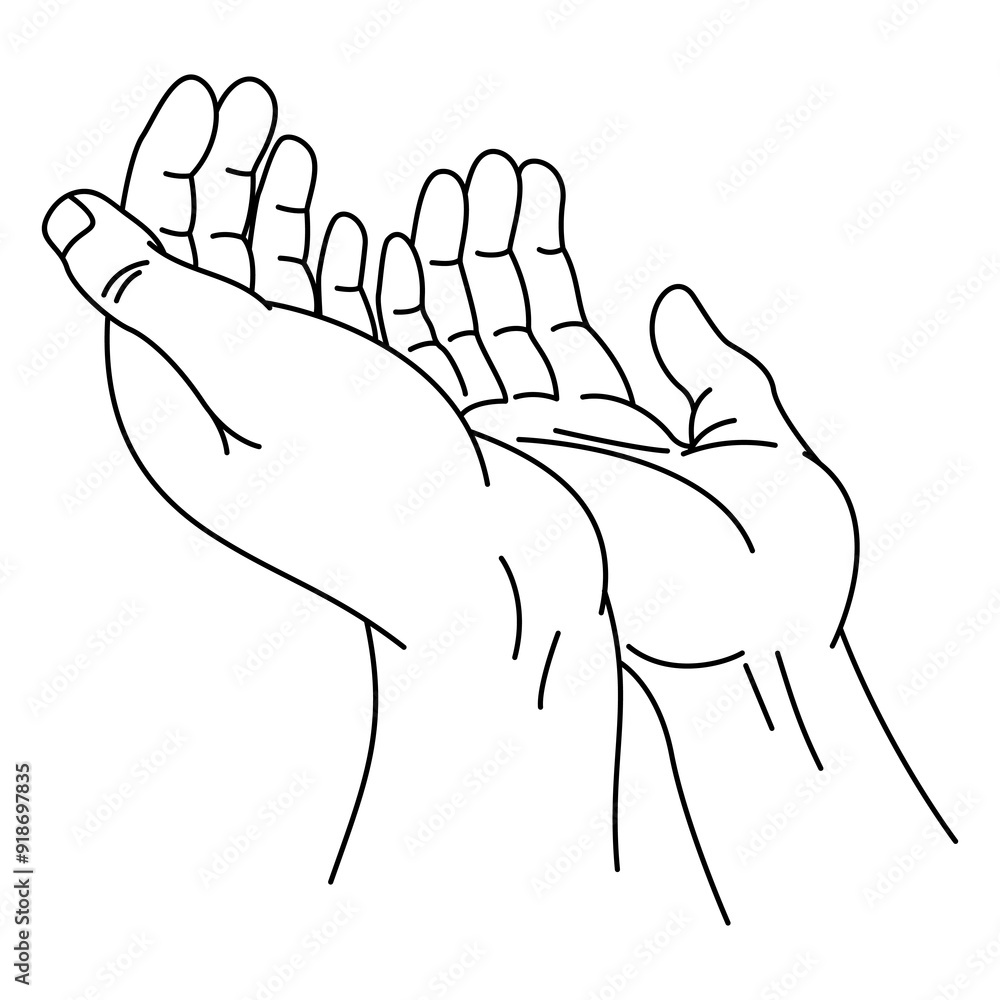 Praying hand gesture in flat solid line style isolated on white ...