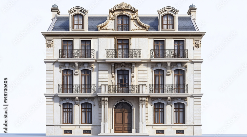 Detailed Illustration of a Three-Story Building with Mansard Roof and ...