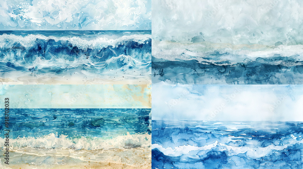 Ocean view with watercolor salt texture, foamy crests, and serene blue ...