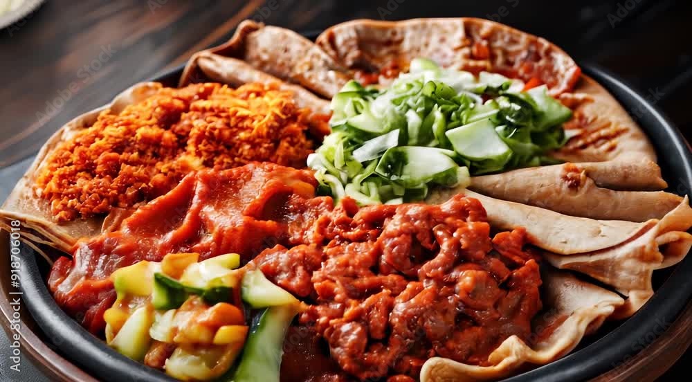 Traditional Ethiopian food Injera with various stews and vegetables on ...