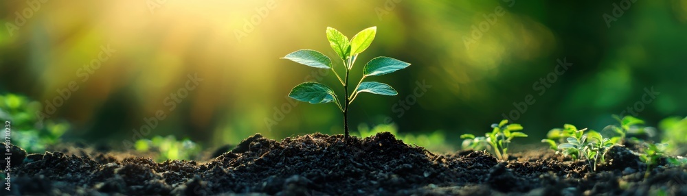 Young plant sprouting in fertile soil with sunlight. Symbol of growth ...