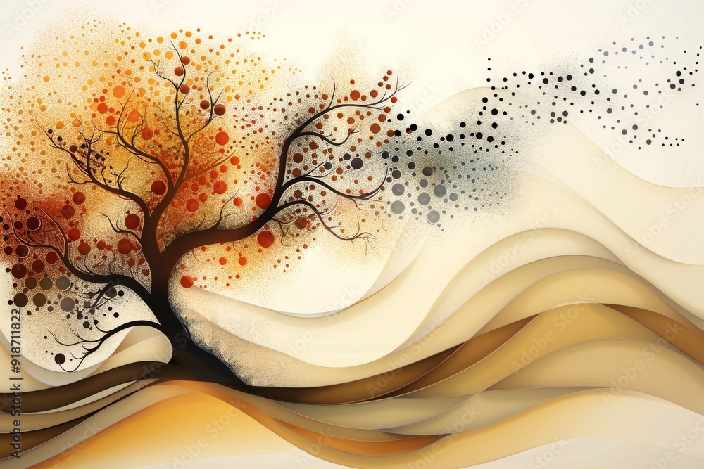 Abstract dot and line illustration of a gnarly old tree in autumn ...