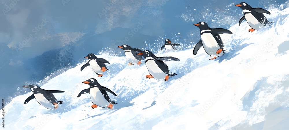 28. A lively scene of a group of penguins sliding down snowy hills in ...