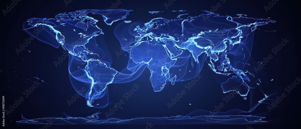 A digital world map with animated lines and dots illustrating realtime ...
