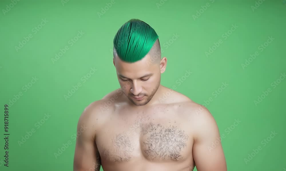 Shirtless man with green mohawk against green screen background with ai ...