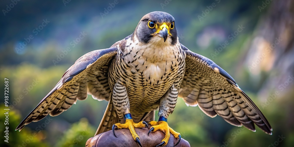Magnificent peregrine falcon perched on gloved hand, talons extended ...