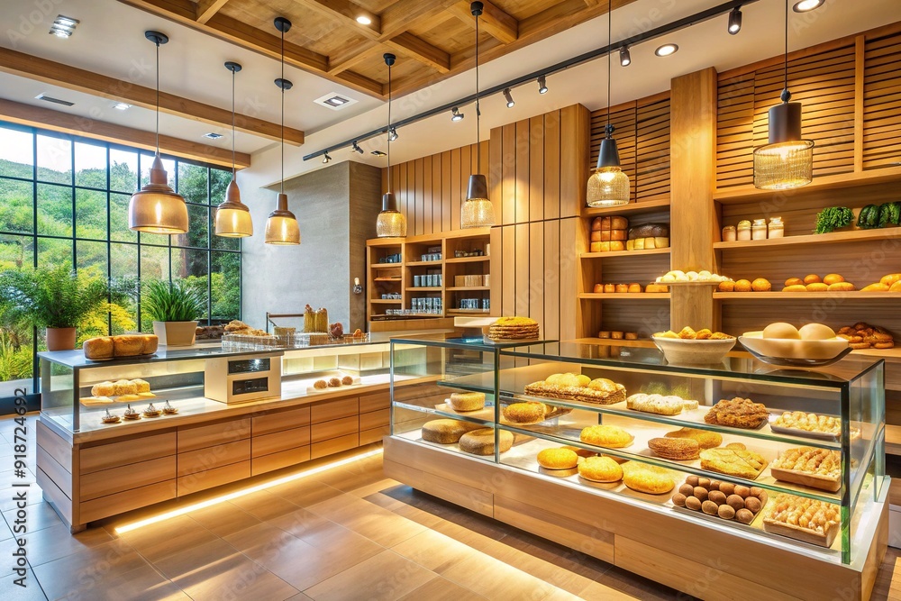 Modern bakery store interior with sleek design, wooden accents, and ...