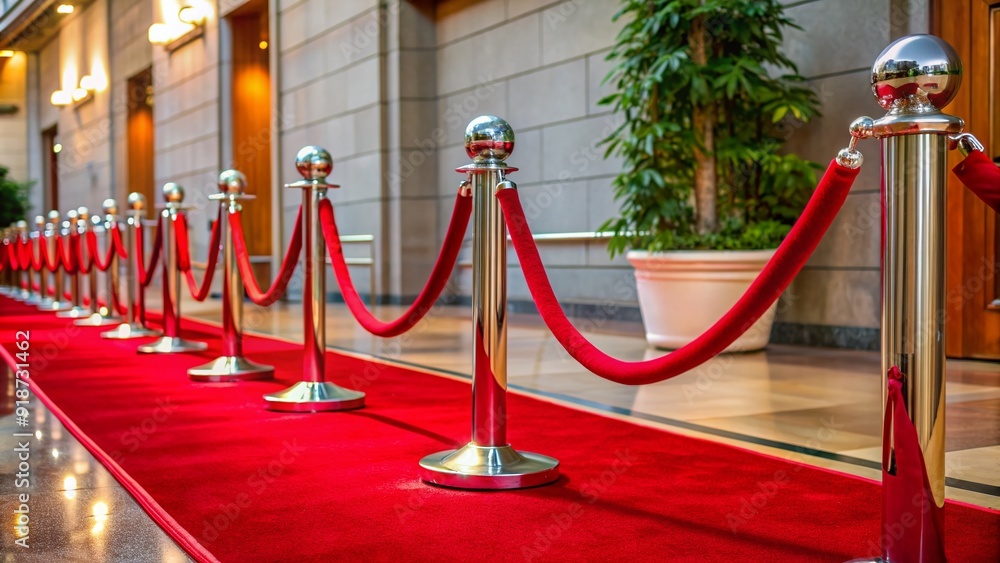 Luxurious entrance setup featuring a set of polished metal stanchions ...