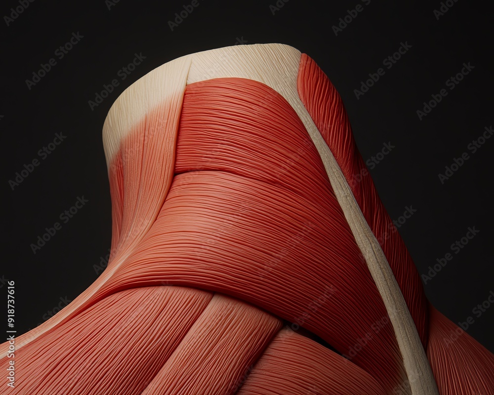 Detailed view of the trapezius muscle in the upper back, emphasizing ...