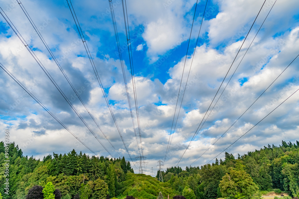 Electricity tower. Electricity power lines in nature landscape. Green ...