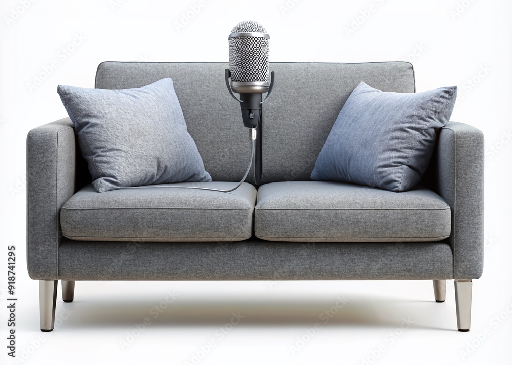 Modern comfortable gray sofa with a silver microphone placed on the ...