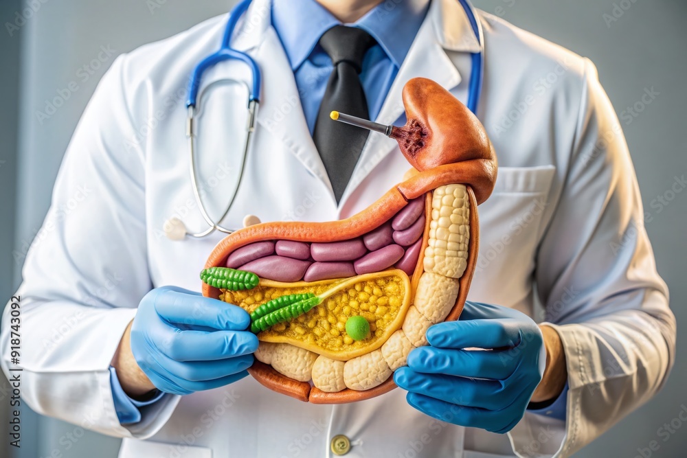A medical professional examines a detailed anatomical model of the ...
