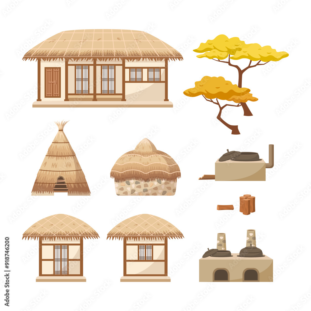 Korean farm house (Korean traditional thatched house) set. House ...