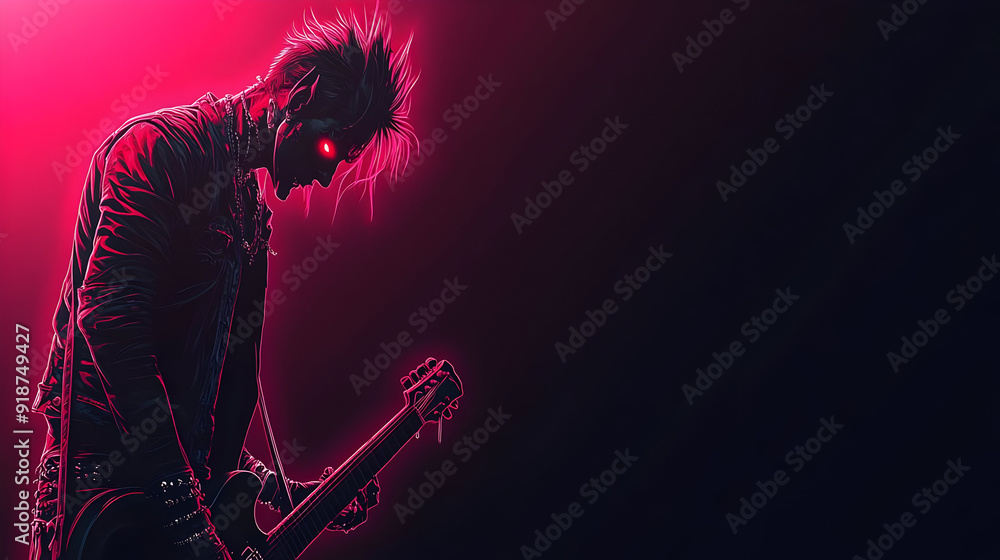 Guitarist with Red Eyes Plays in Neon Light, Rock Music, Electronic ...