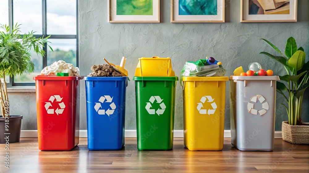 Colorful trash bins filled with recyclable materials, organic waste ...