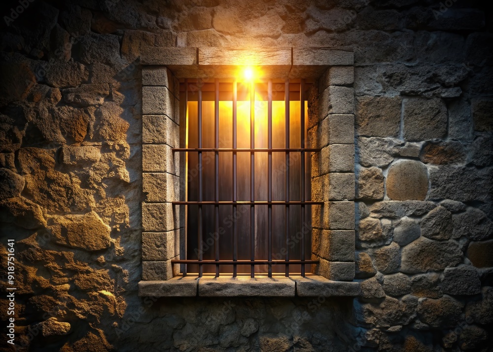Dramatic empty jail cell window with rusty bars, illuminating a dimly lit stone background ...