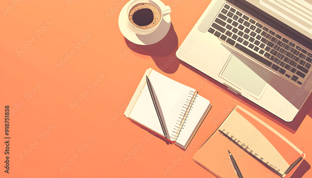 Study desk illustration in a flat lay, top view, featuring a laptop ...