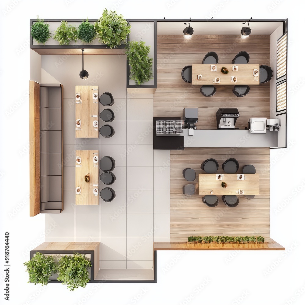 3D Render of a fast-casual eatery with counter service, open seating ...