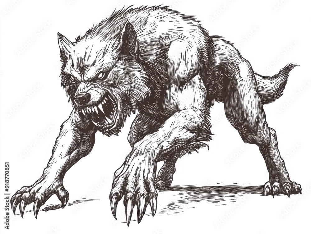 Black and white Vintage engraved art of a werewolf mid-transformation ...