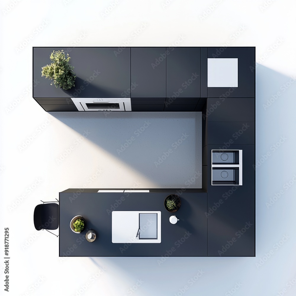 3D Render of a minimalist kitchen with handleless cabinets, sleek ...