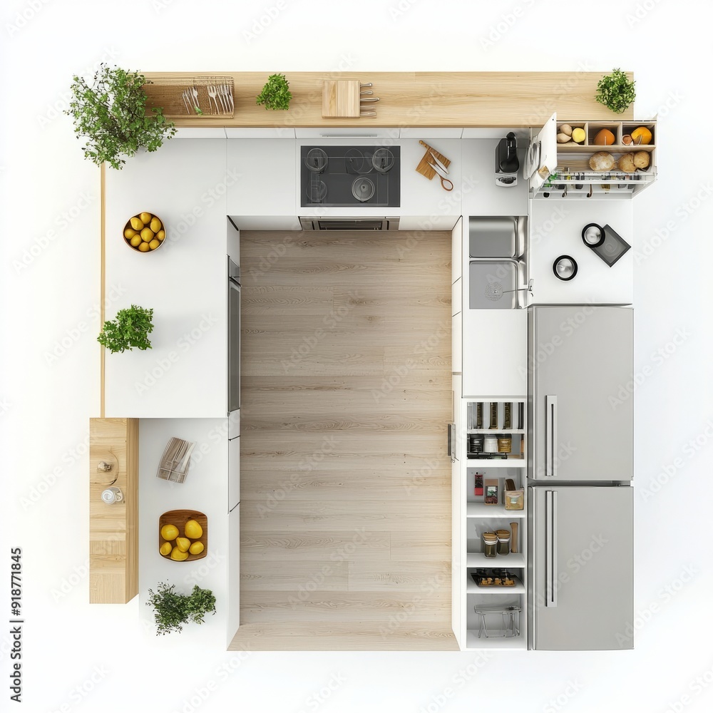 3D Render of a U-shaped kitchen with an island, open shelving, and a ...