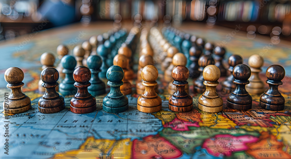 Global chess strategy world map with chess pieces Stock Photo | Adobe Stock