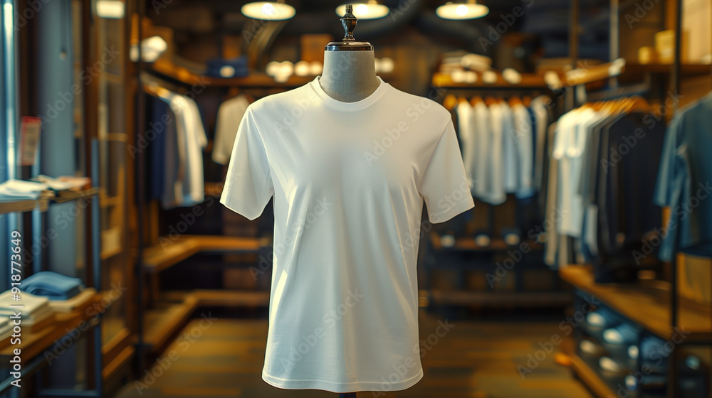 white plain t-shirt mockup in store displayed on mannequin, clothing ...