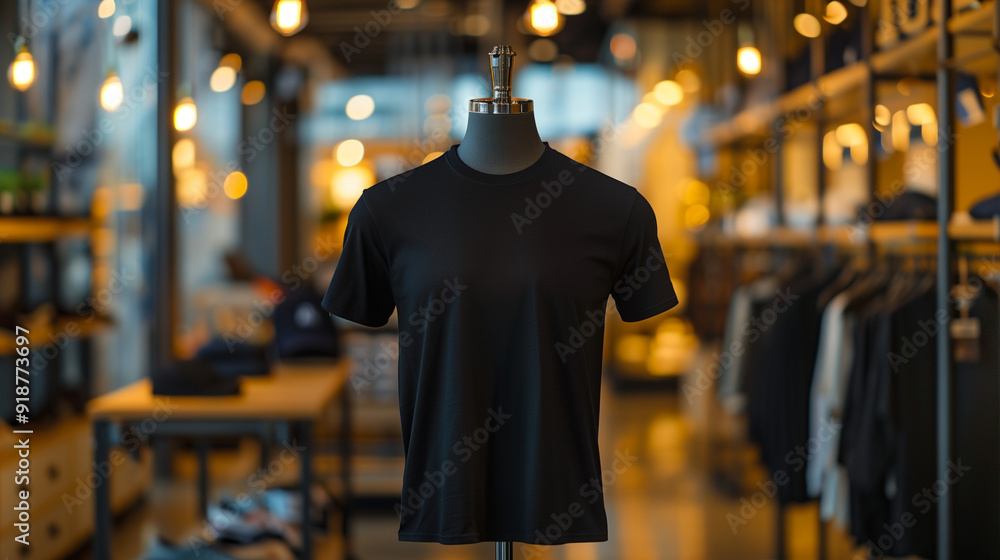 Black plain t-shirt mockup in store displayed on mannequin, clothing ...