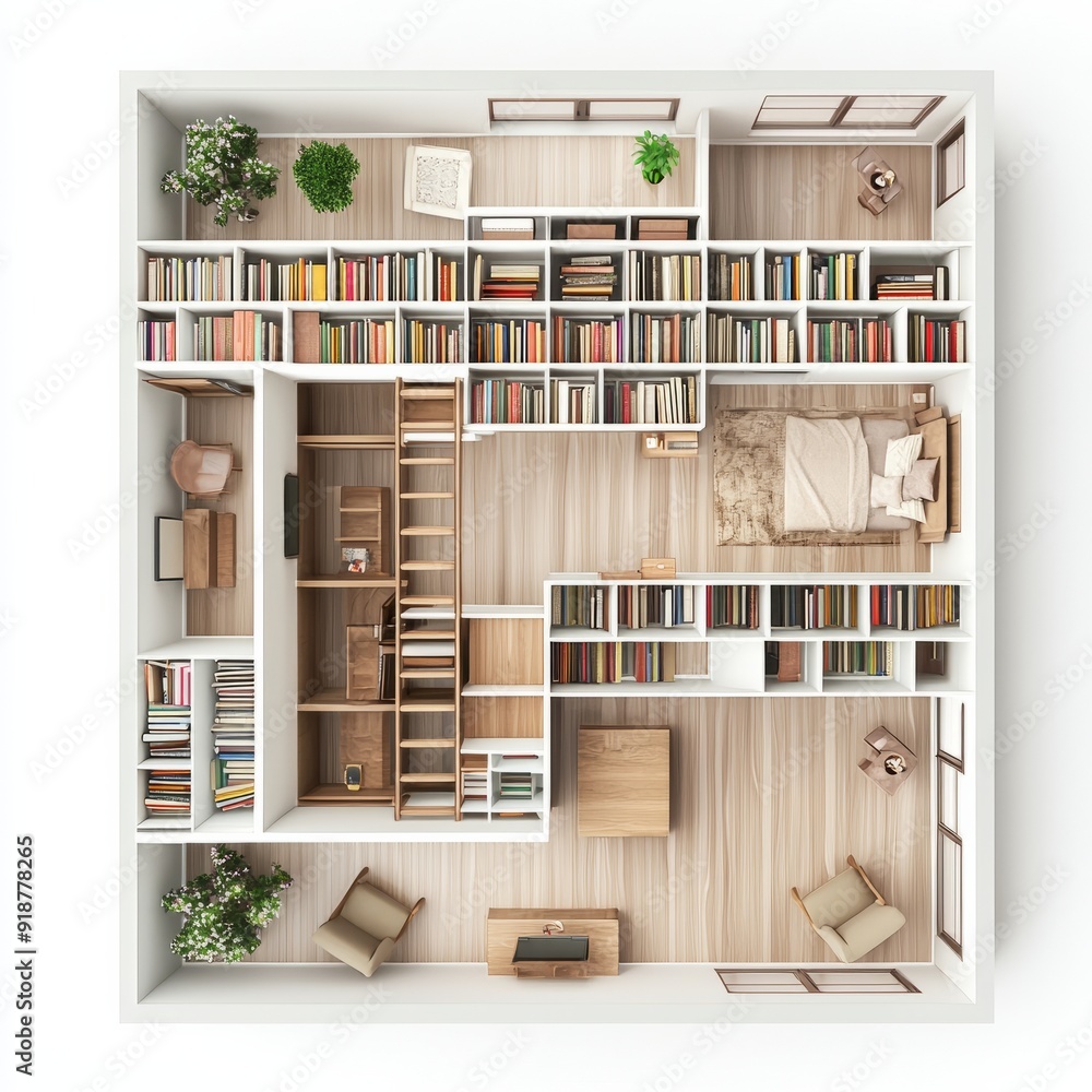 Top down view, 3D Render of a home library with built-in bookshelves, a ...