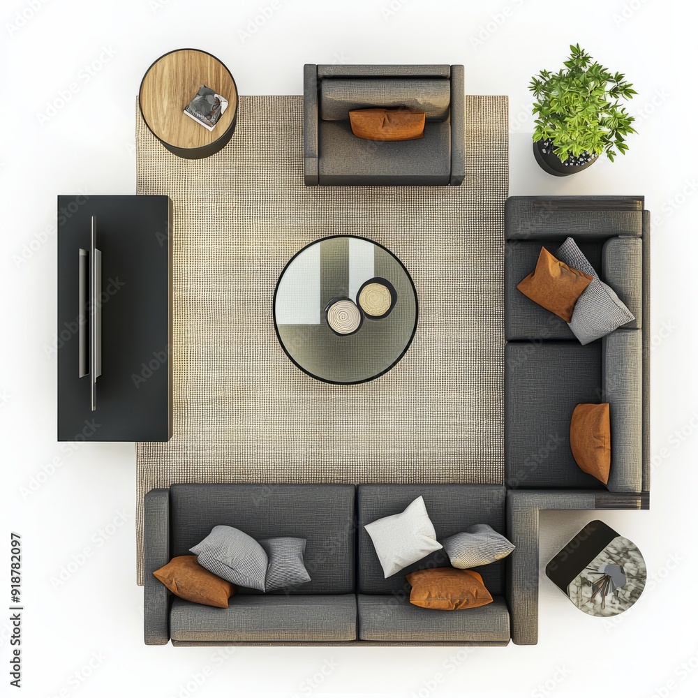 D Render of a modern living room with a sleek sofa, glass coffee table ...
