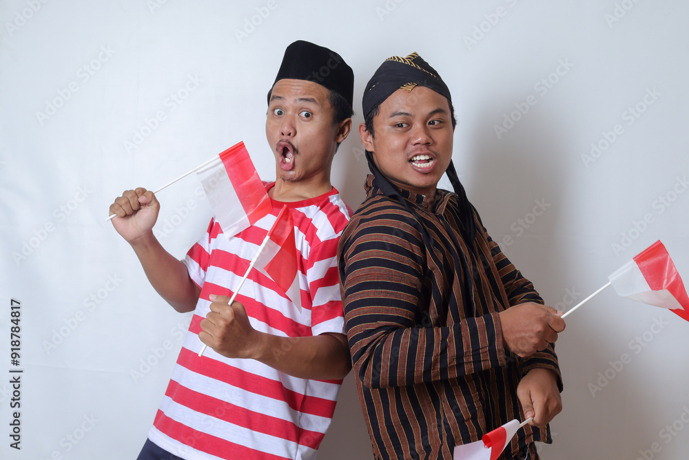 Portrait of two cheerful Asian man from Javanese and Madurese tribes ...