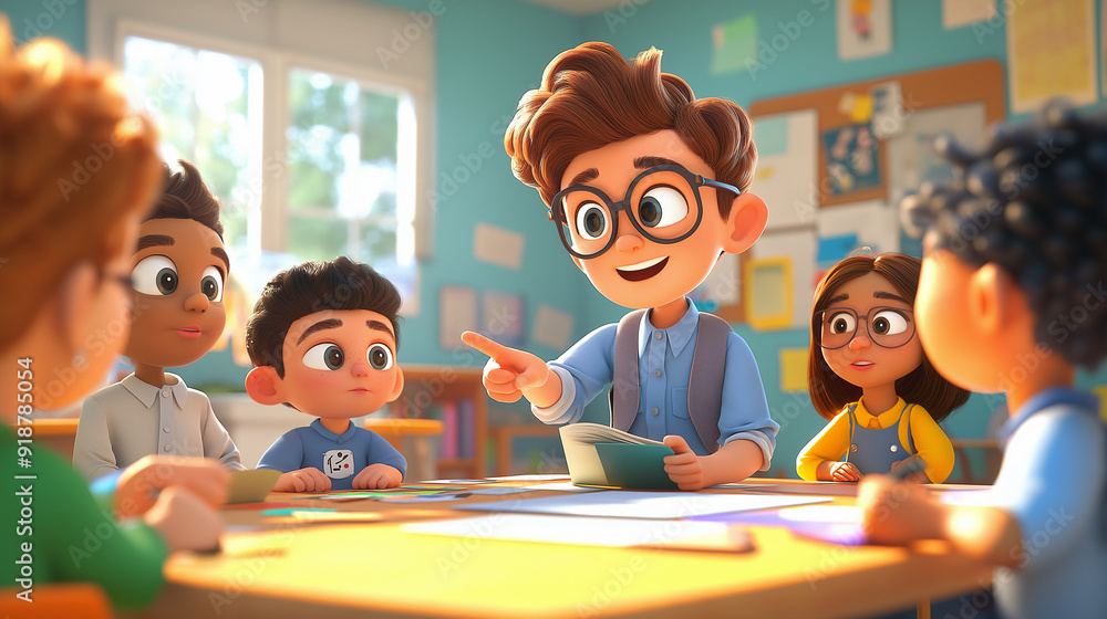 3D cartoon classroom image with teachers and students talking or doing ...