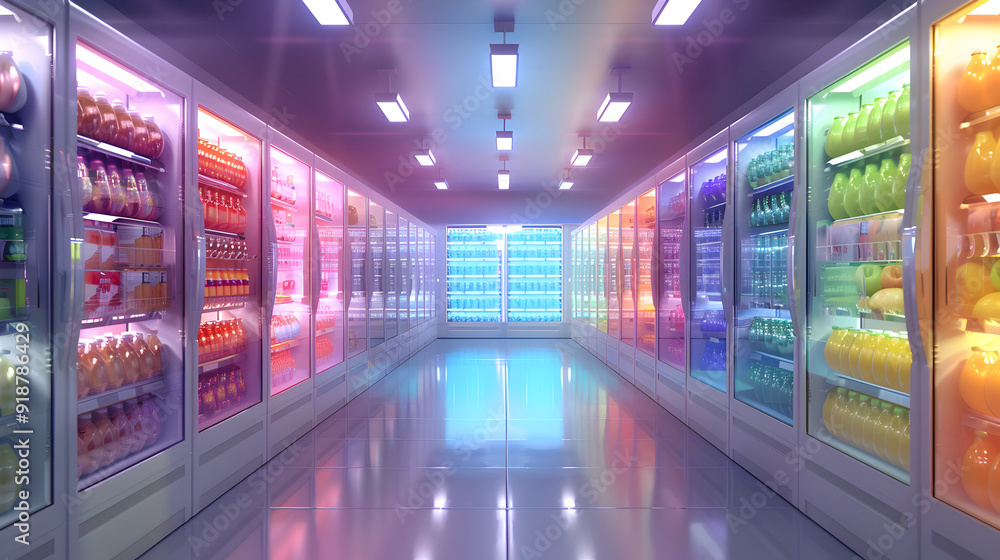 Colorful illuminated aisle of a modern supermarket with rows of ...