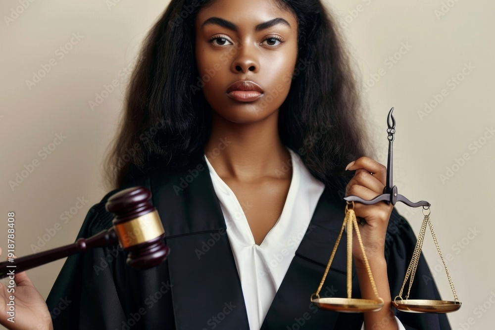 Beautiful Black Female Model in Oversized Court Robe Holding Gavel and ...