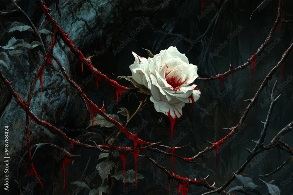 Bloody white rose.Bleeding white rose.Bleeding rose.An illustration featuring a white rose with ...