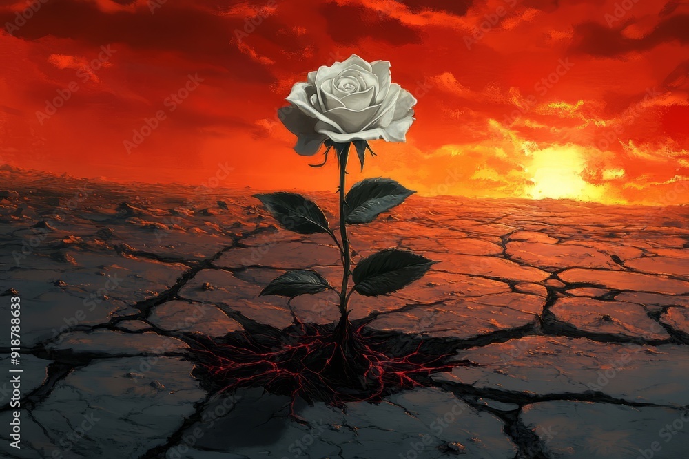 An illustration with a white rose growing from a dark, cracked earth ...