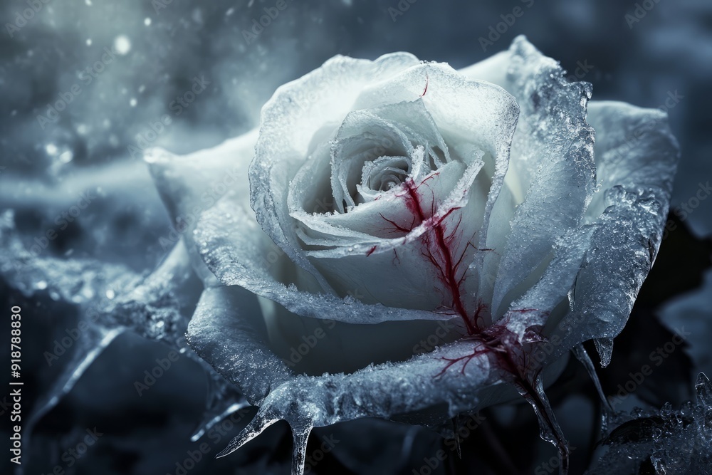 A hauntingly beautiful image of a white rose encased in ice, with red cracks and veins running ...