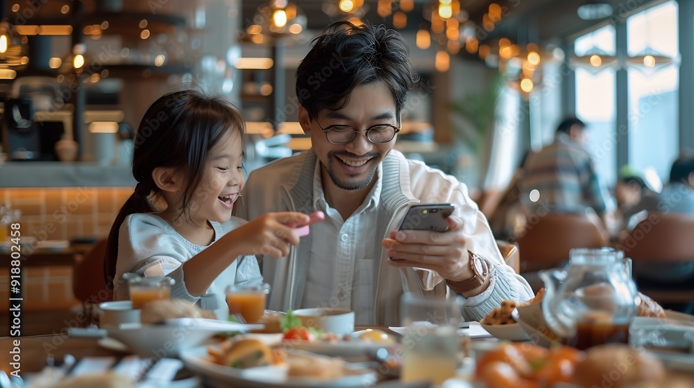 Happy father paying contactless with mobile phone while having ...