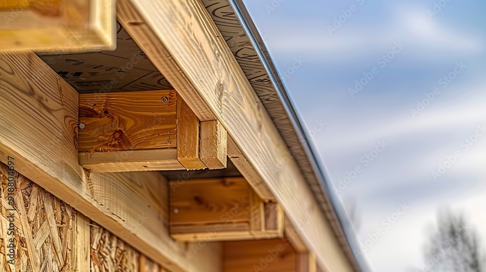 An under construction house has joist framework features plywood gutter ...