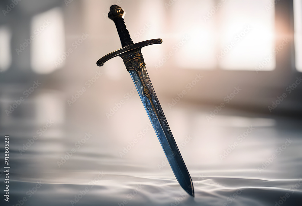 A beautifully crafted sword with intricate designs on the blade and a ...